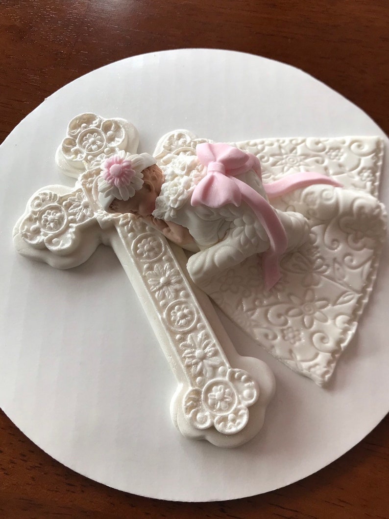 Baptism cake topper girl cross cake topper fondant christening | Etsy