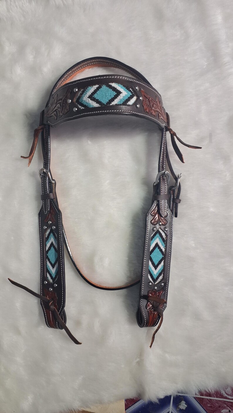 Tooled Leather Western Horse Headstall: Beaded Aztec Design, Turquoise ...