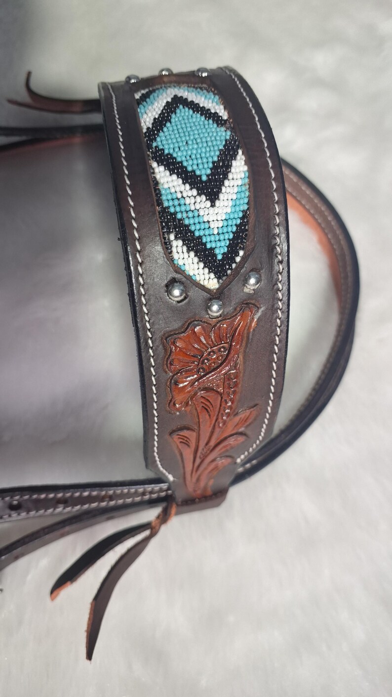 Tooled Leather Western Horse Headstall: Beaded Aztec Design, Turquoise ...