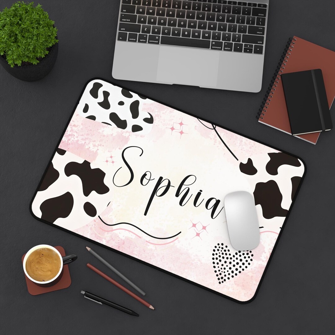 Personalized Cow Print Desk Mat, Large Mousepad, Office Gifts, Pink ...