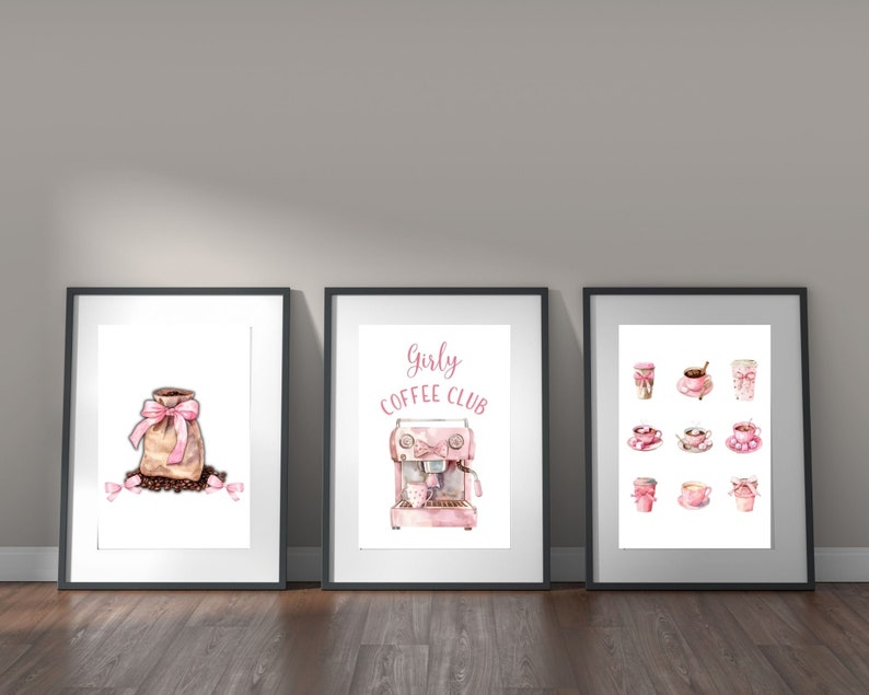 Pink Coquette Decor Set of 3, Coffee Girl Print, Pink Bow Prints ...