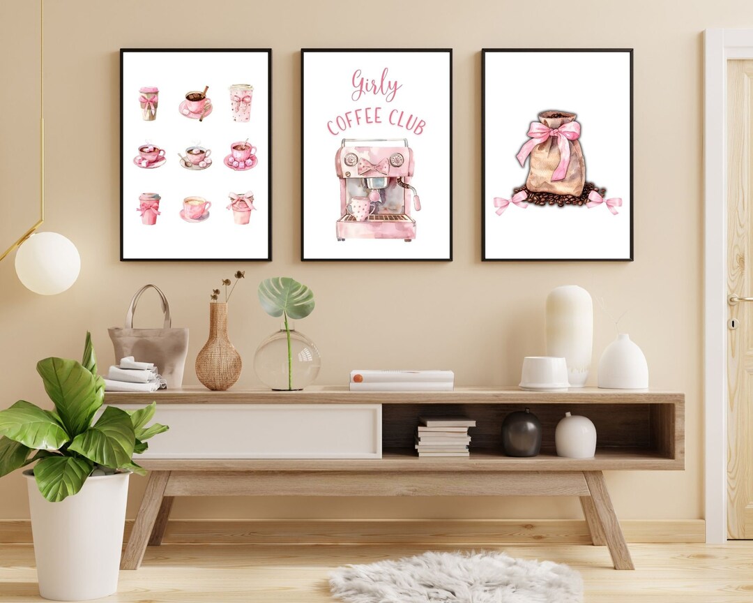 Pink Coquette Decor Set of 3, Coffee Girl Print, Pink Bow Prints ...