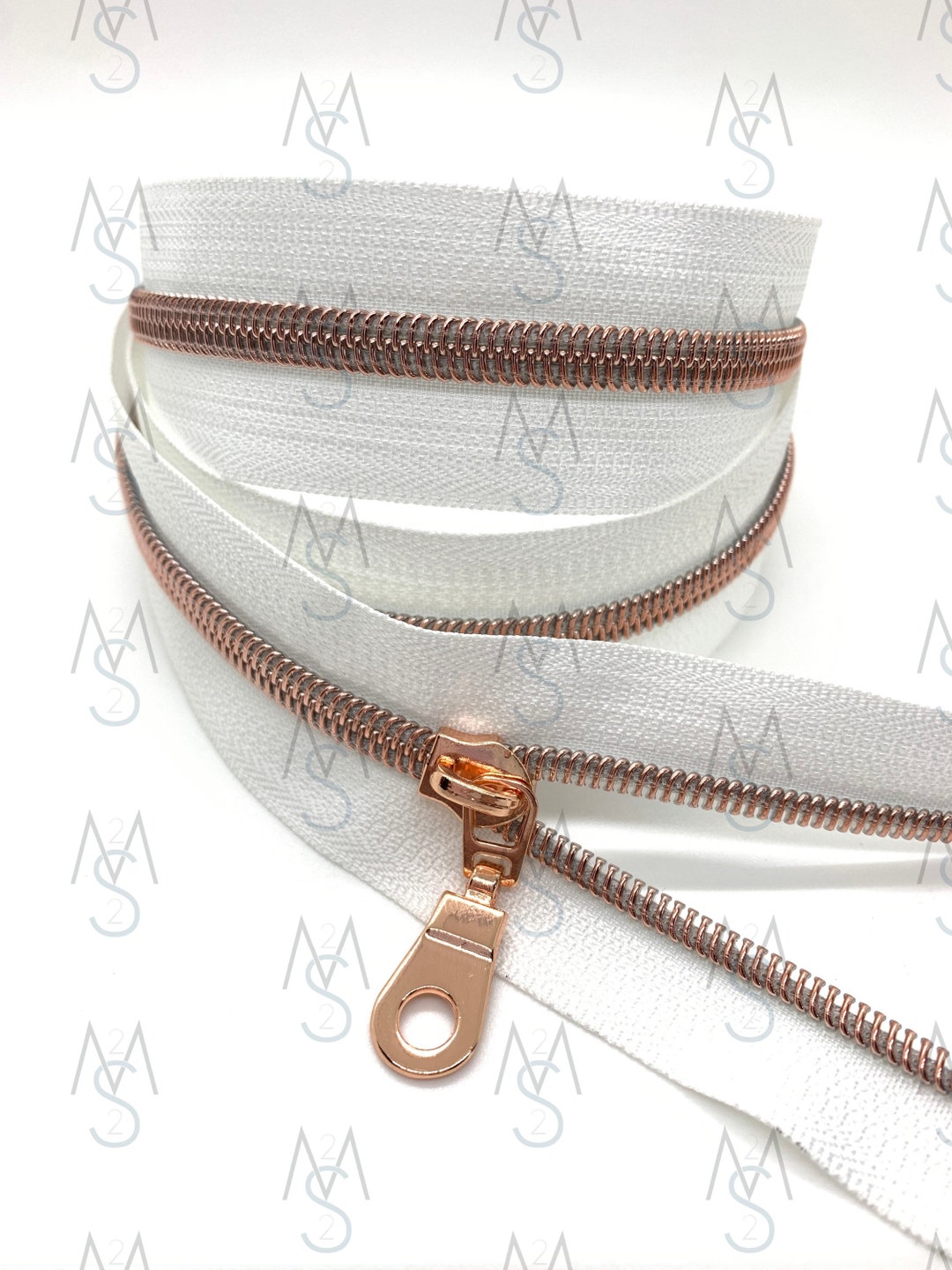 Rose Gold Nylon Coil Zipper With White Tape & Rose Gold Pulls - Zipper ...