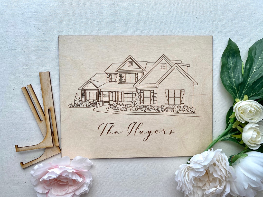 Hand Drawn House Portrait Wood Sign, Laser Engraved House Portrait ...