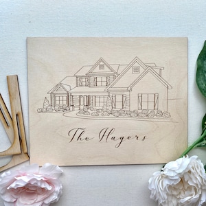 Hand Drawn House Portrait Wood Sign, Laser Engraved House Portrait ...