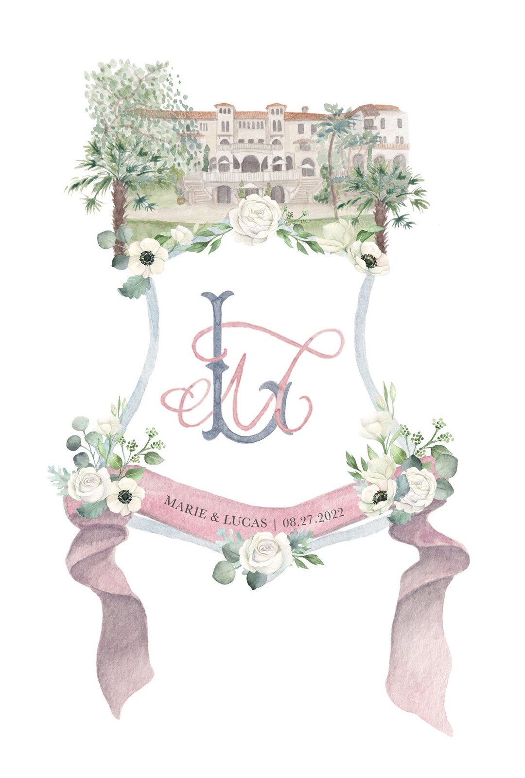 Custom Watercolor Wedding Monogram Crest Design - Etsy