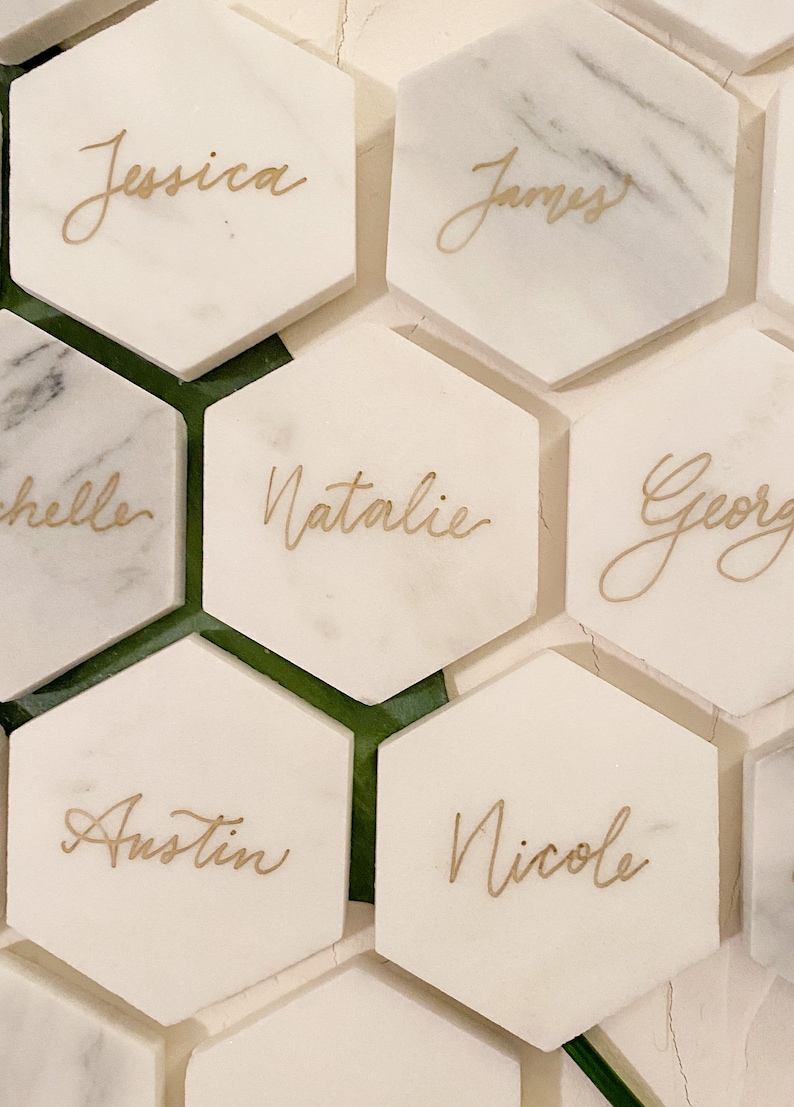 Marble Place Setting Hexagon Tile Cards Calligraphy Name - Etsy