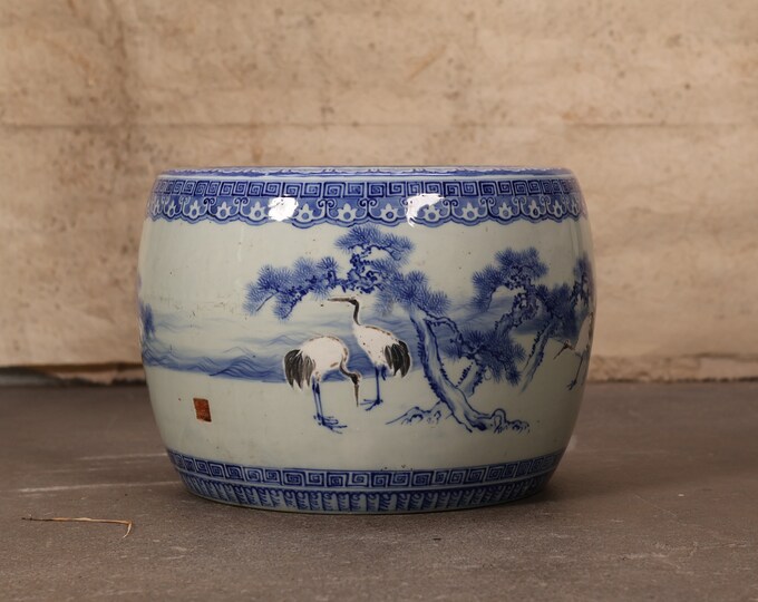 Antique Japanese Hibachi, Blue and White, Cranes and Pine Trees (24J ...