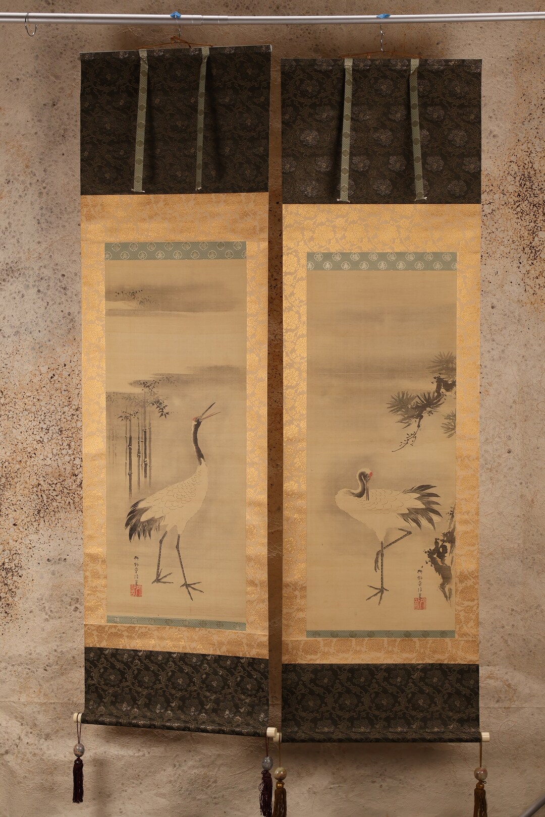 Vintage Japanese Painting, Scroll Set, Cranes, Bamboo and Pine 24A-614 ...