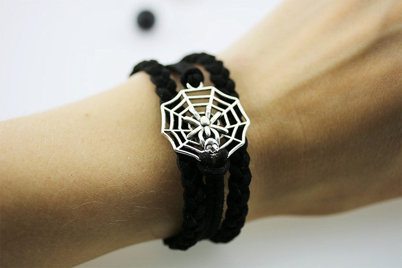 Silver Spider Bracelet Spiderweb Jewelry Creepy Crawler Bracelet Black ...