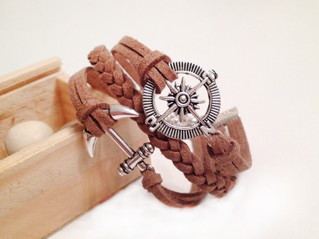Compass Bracelet Anchor Bracelet Light Brown Bracelet Charm Bracelet ...