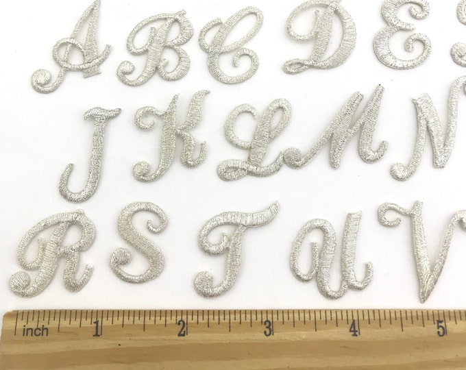 Iron on Embroidered Cursive Letters Silver Applique Craft Supplise Diy ...
