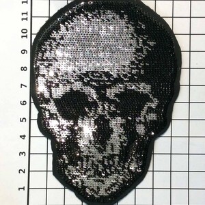 Skull Patch Patches Shiny Silver Black Sequins Faschion Punkrock 3"3/8 ...