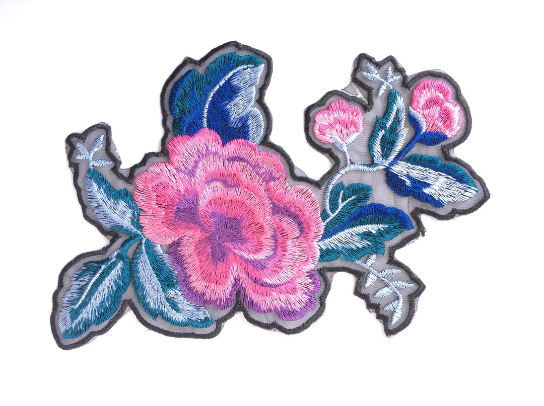 Iron on Embroidered Rose Patch Applique Flower Pink Roses 8"x 5" (20cm ...