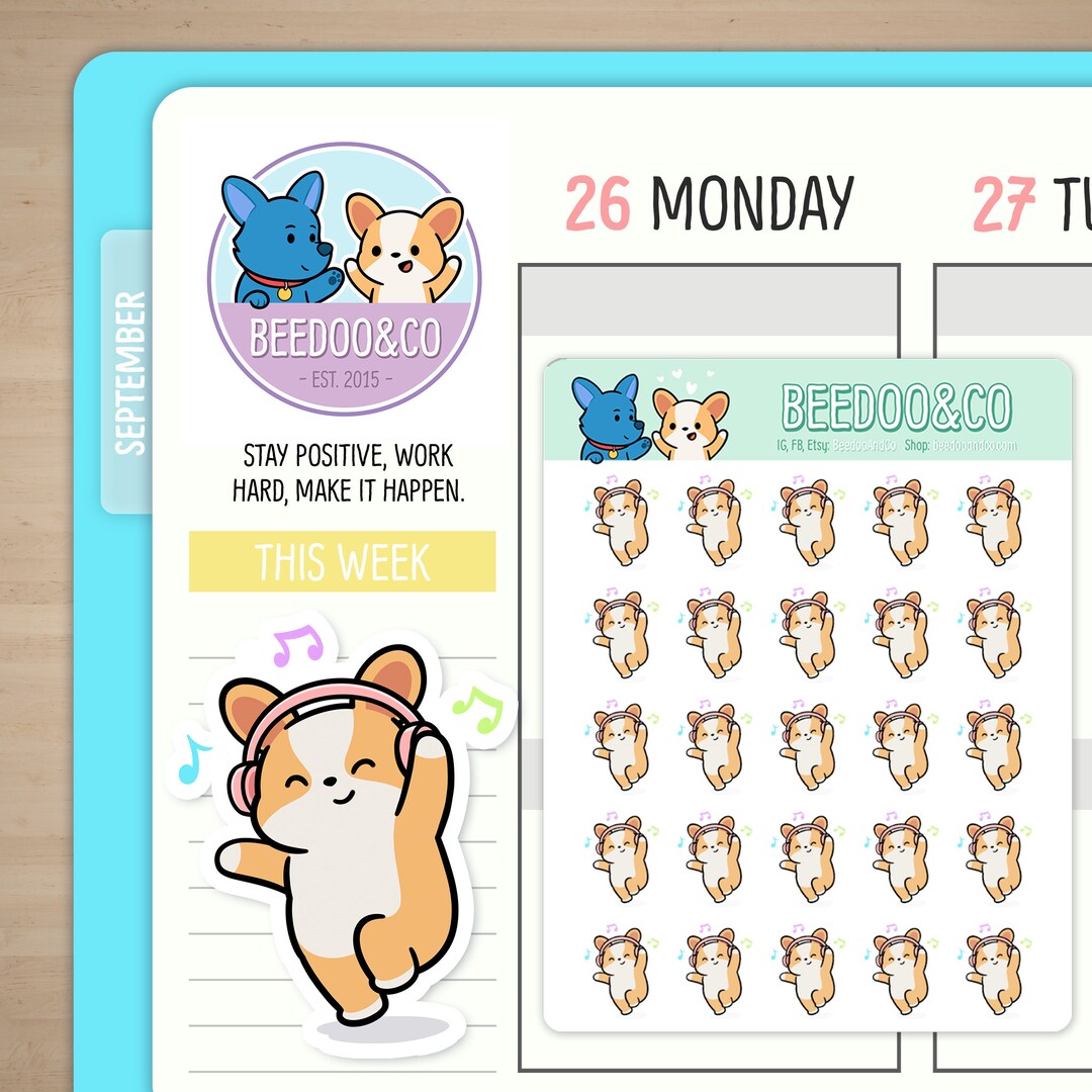 Corgi Dancing to Music Planner Stickers | Hand Drawn Planner Stickers ...