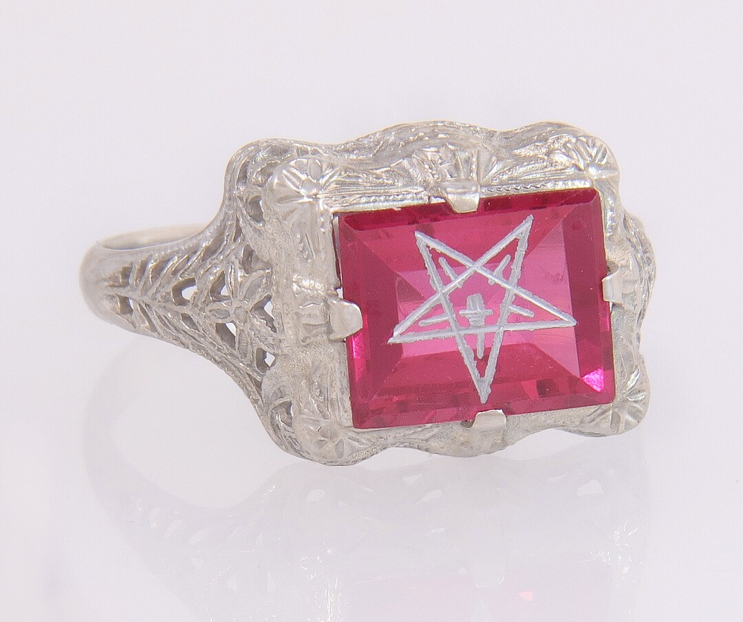 Antique 14K White Gold Ruby Order of Eastern Star Masonic Ring A&S ...