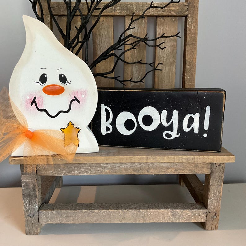 Booyah Wood Sign With Ghost - Handmade Halloween Decor, Cute Fall Shelf ...