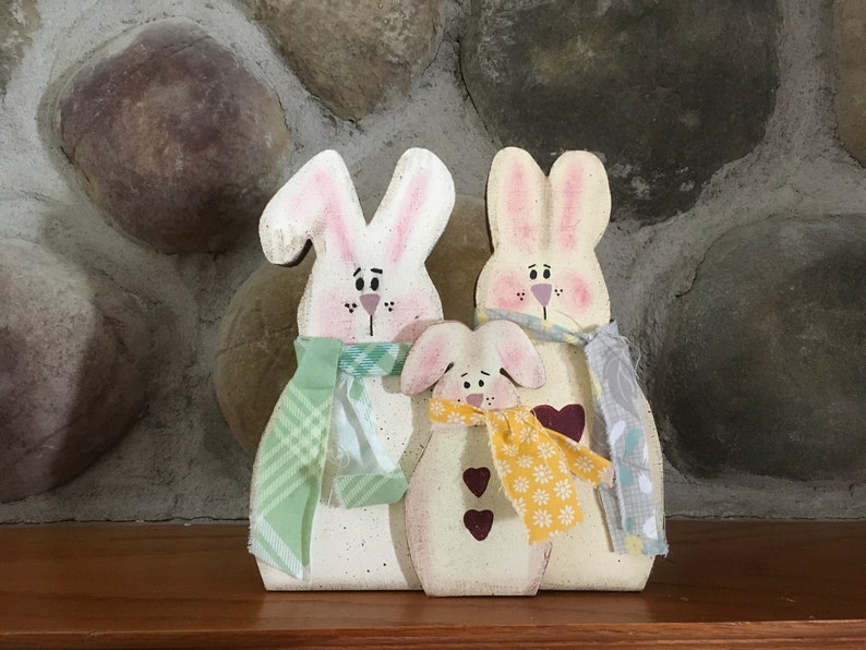 Wood Bunny Trio, Wood Bunny With Chick Trio, Easter Decor, Spring Decor ...