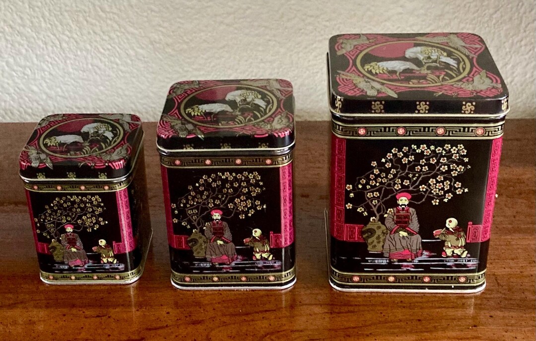 Vintage Chinoiserie Asian Theme Nesting Tea Storage Tins - Set of Three ...