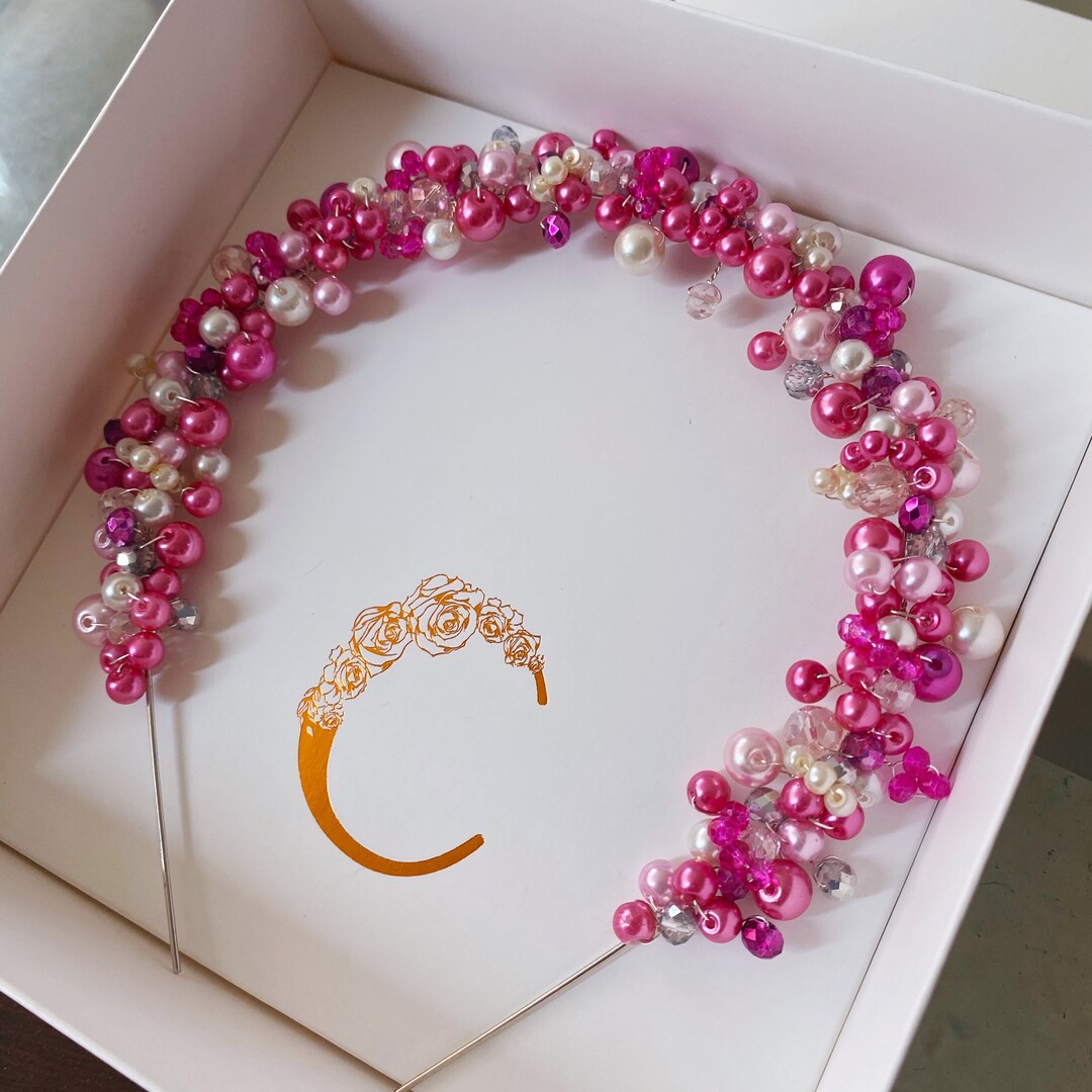 Fuchsia and Pink Pearls Rhinestone Cafuné Headpiece Pearls, Headband ...