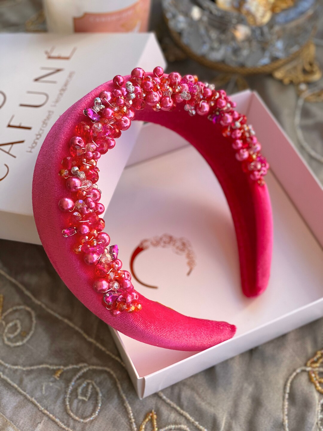 Hot Pink Fuchsia Pearls Padded Embroidered Cafune Headpiece- Classic ...