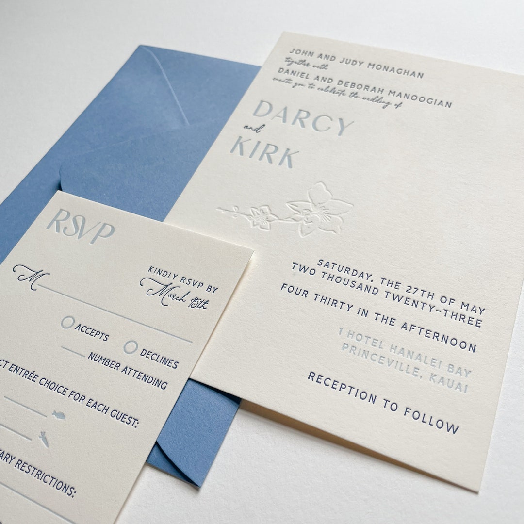 The Bristol Suite. Letterpress Wedding Invitation. Dusty Blue, Flower ...
