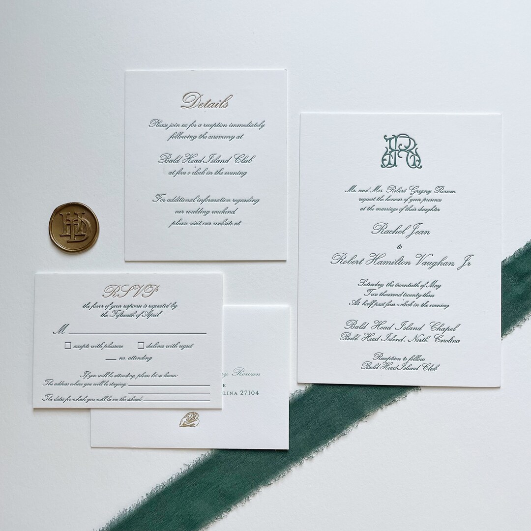 Letterpress Wedding Invitation Sample: Custom Monogram, Gold & Green ...