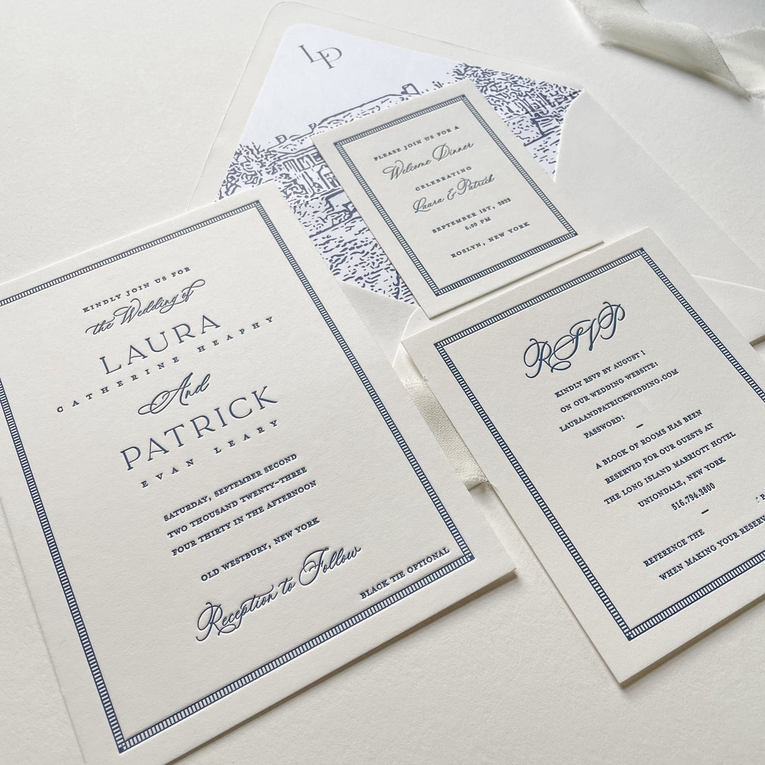 The Ascot Suite. Letterpress Wedding Invitation. Blue Border, Romantic ...