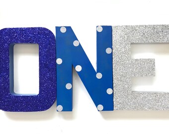 Blue and Gold Glitter Stand up one Letter Sign | Etsy