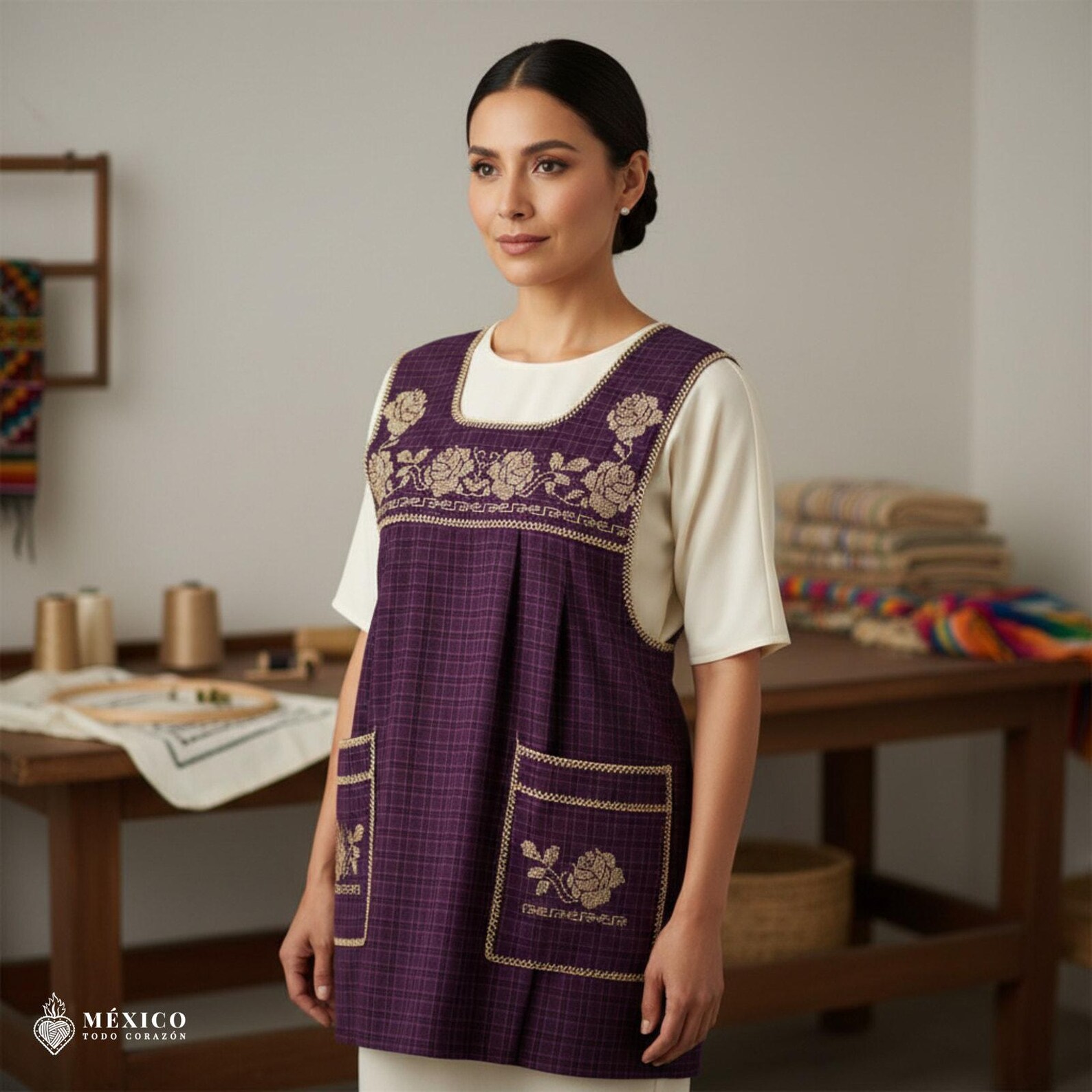 Traditional Mexican Cross-stitch Embroidered Apron – Deluxe Artisan ...