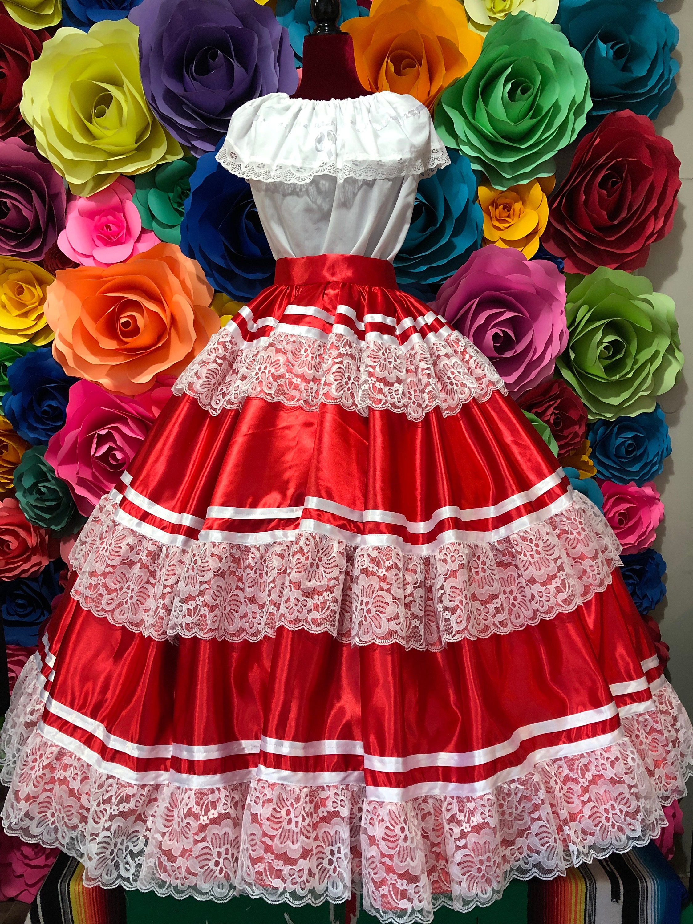 Oaxaca Mexican Skirt: Red Satin, Lace & Ribbon - Coco Theme Party - Etsy