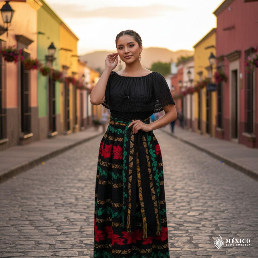 Traditional Mexican Floral Cambaya Dress Set – Handmade Three-pieces ...