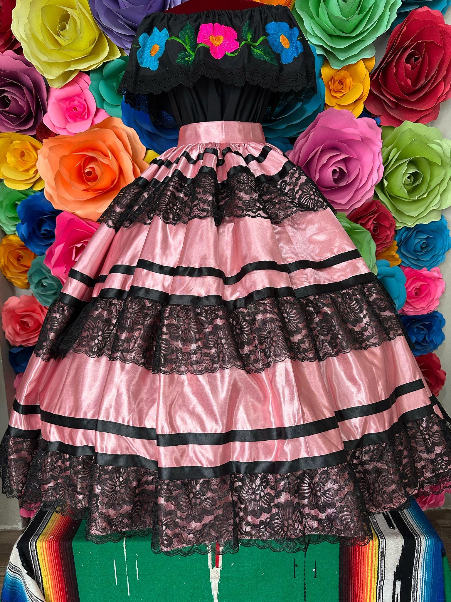 Mexican Folkloric Skirt: Pink & Black Lace, Fiesta Skirt - Etsy