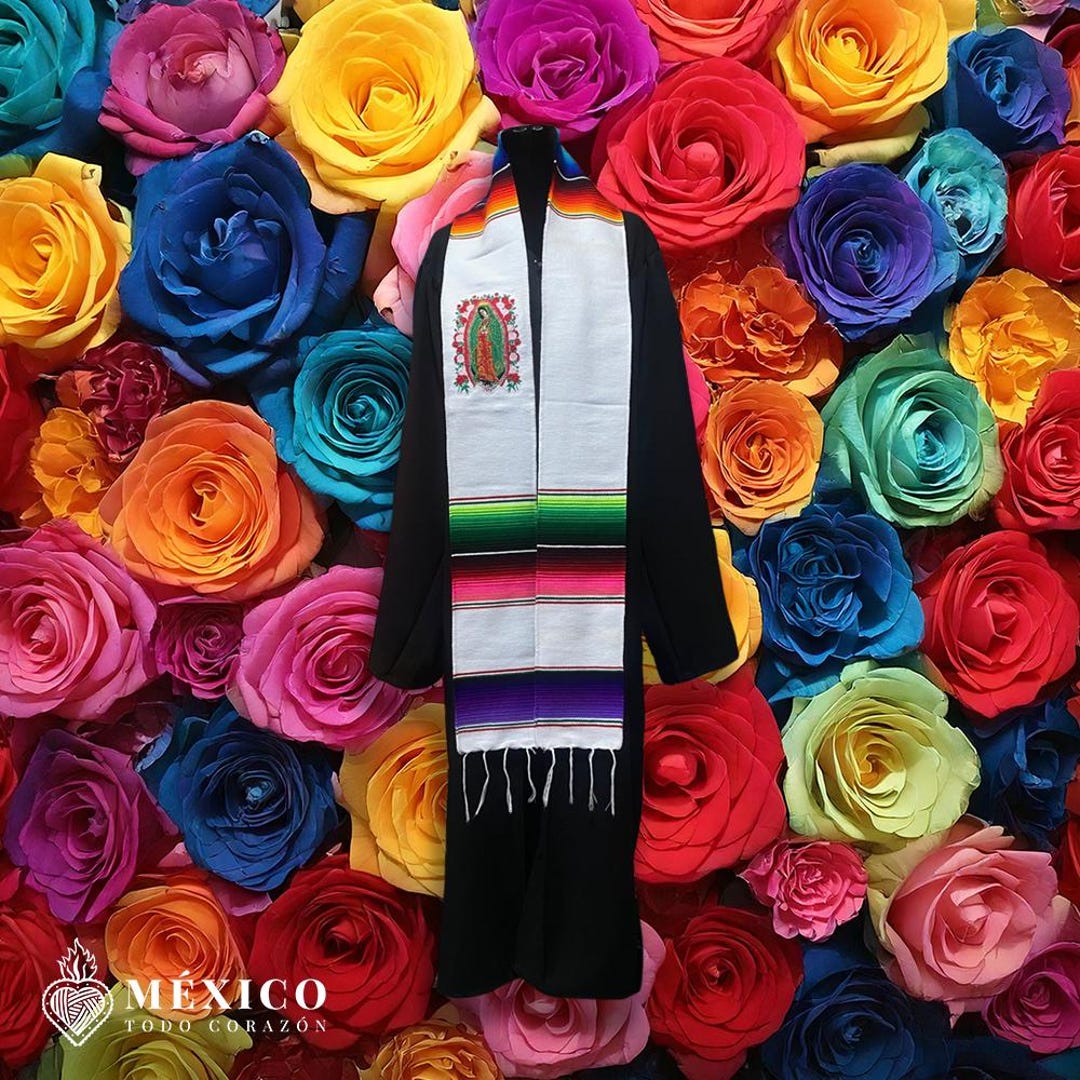 Mexican Graduation Sarape Stole With Virgin of Guadalupe Floral ...