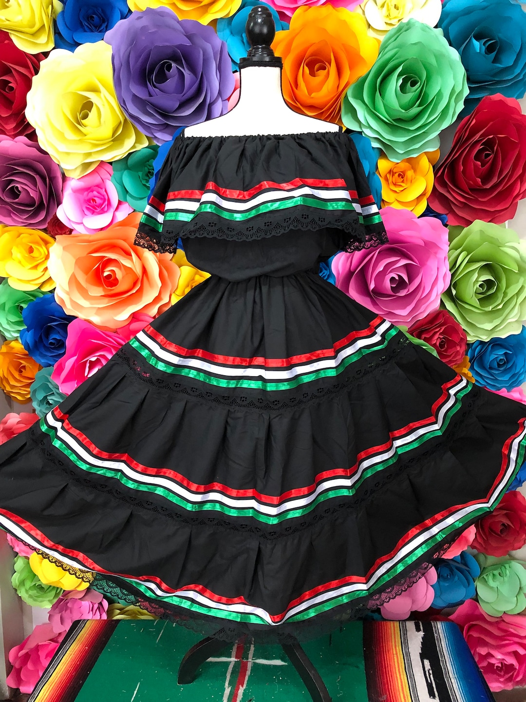 Mexican Black One Piece Dress Tricolor Dress 5 De Mayo Day of the Dead ...