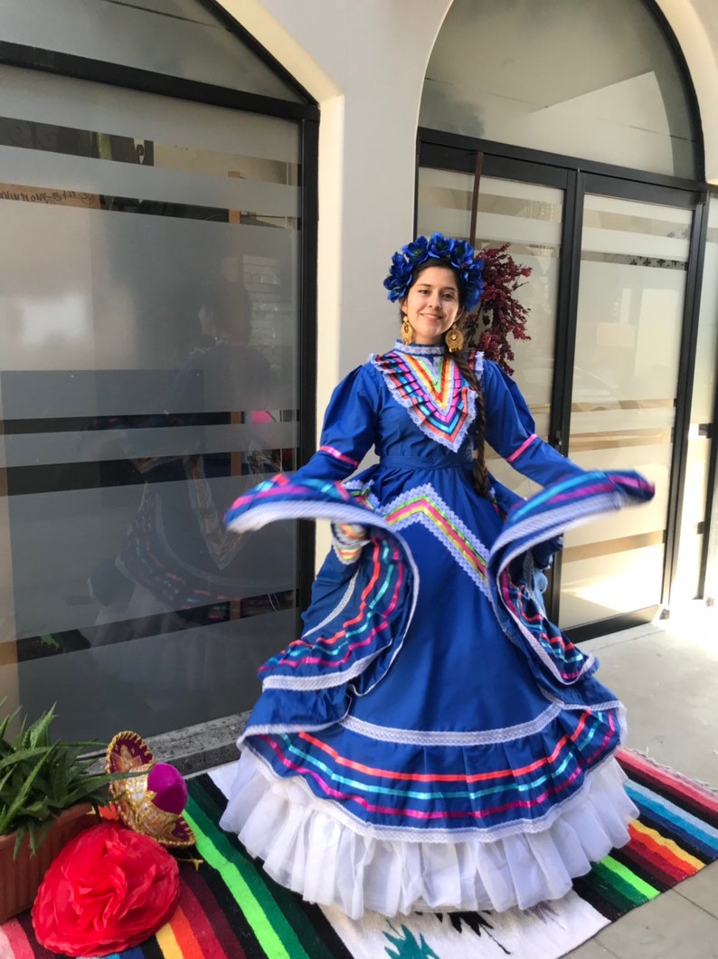 Mexican Dress Size 16 Blue Jalisco Dress Folkloric Mexican - Etsy
