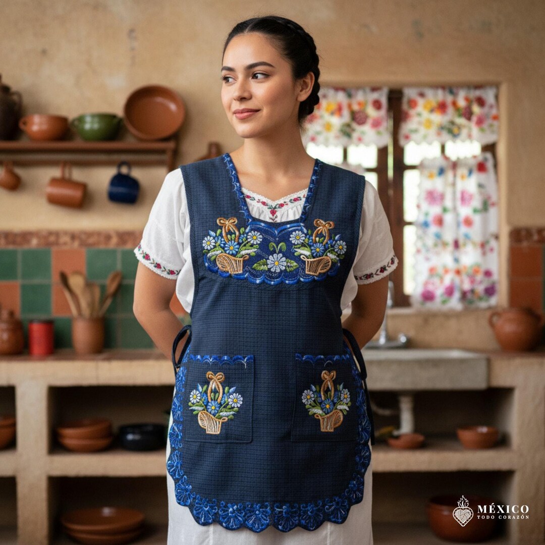 Dark Blue Mexican Embroidered Smock Apron – Floral Traditional Design32 ...