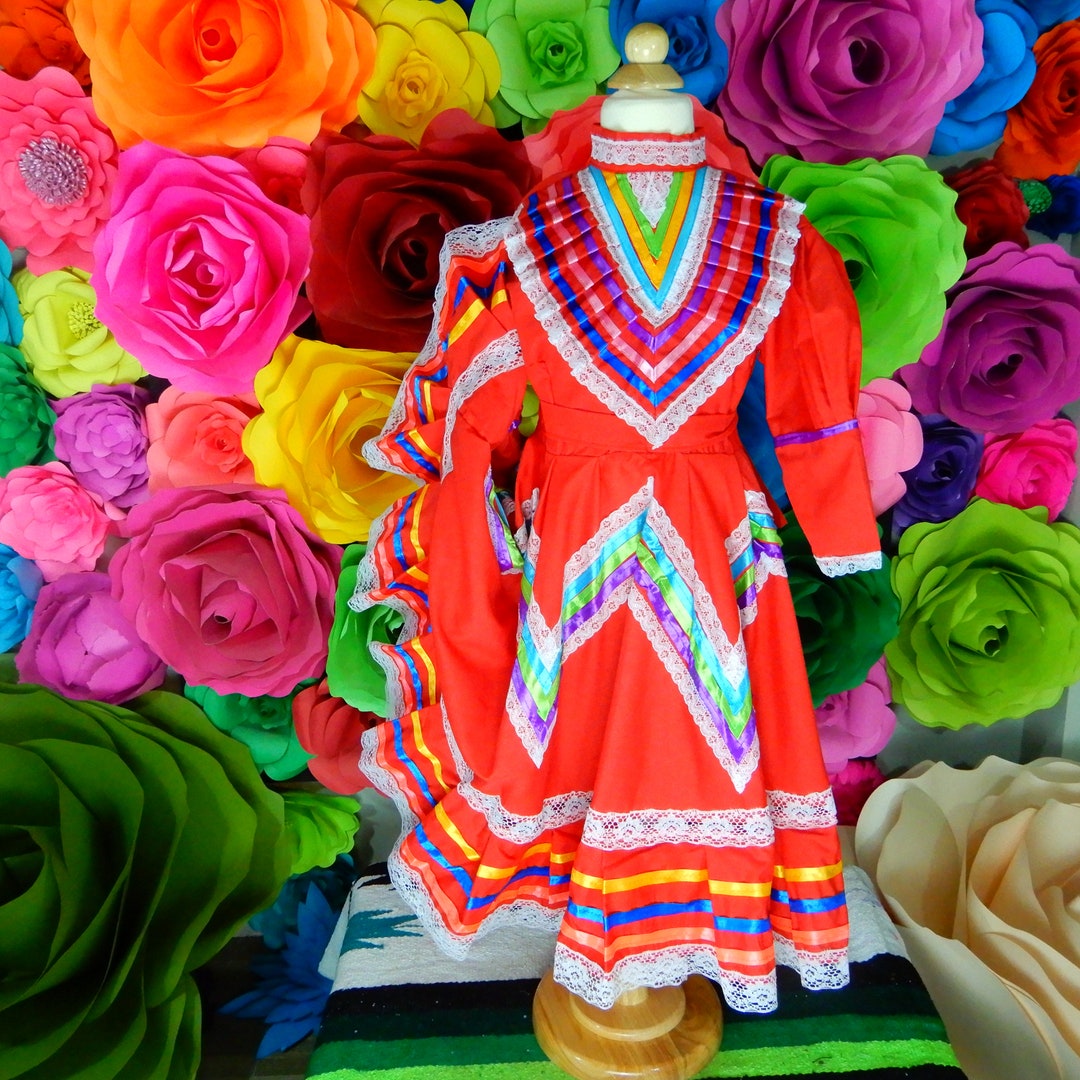 Red Mexican Jalisco Dress: Handmade Kids Fiesta Outfit, Size 4 - Etsy