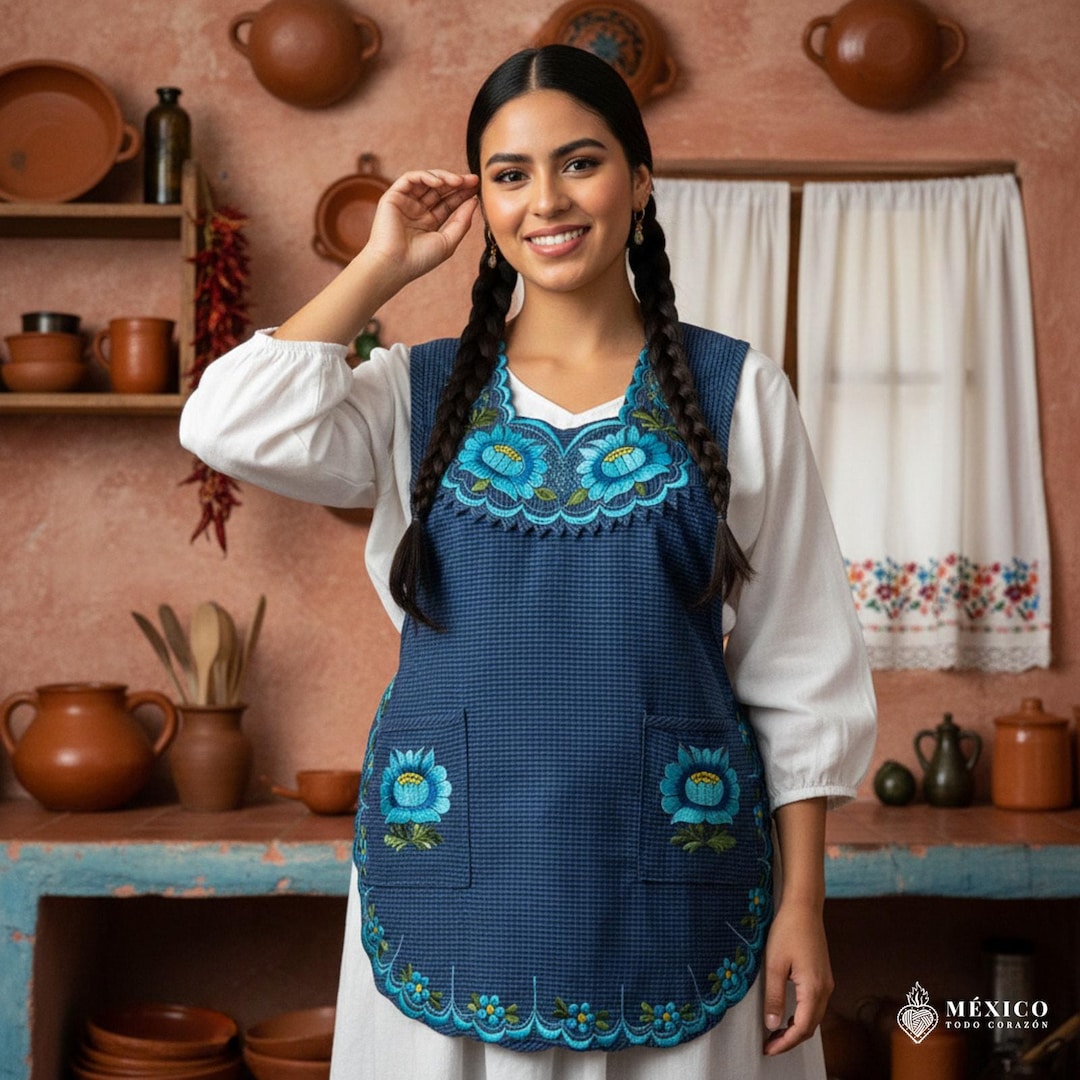 Blues Mexican Embroidered Smock Apron – Floral Traditional Design 30 X ...