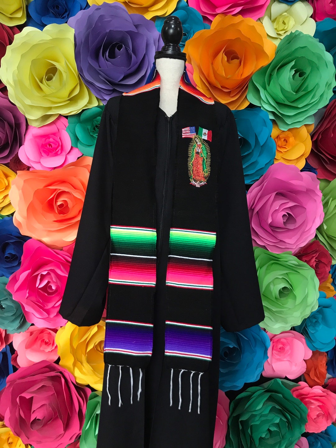Mexican Zarape Graduation Sash Binational Flags With Virgen De ...