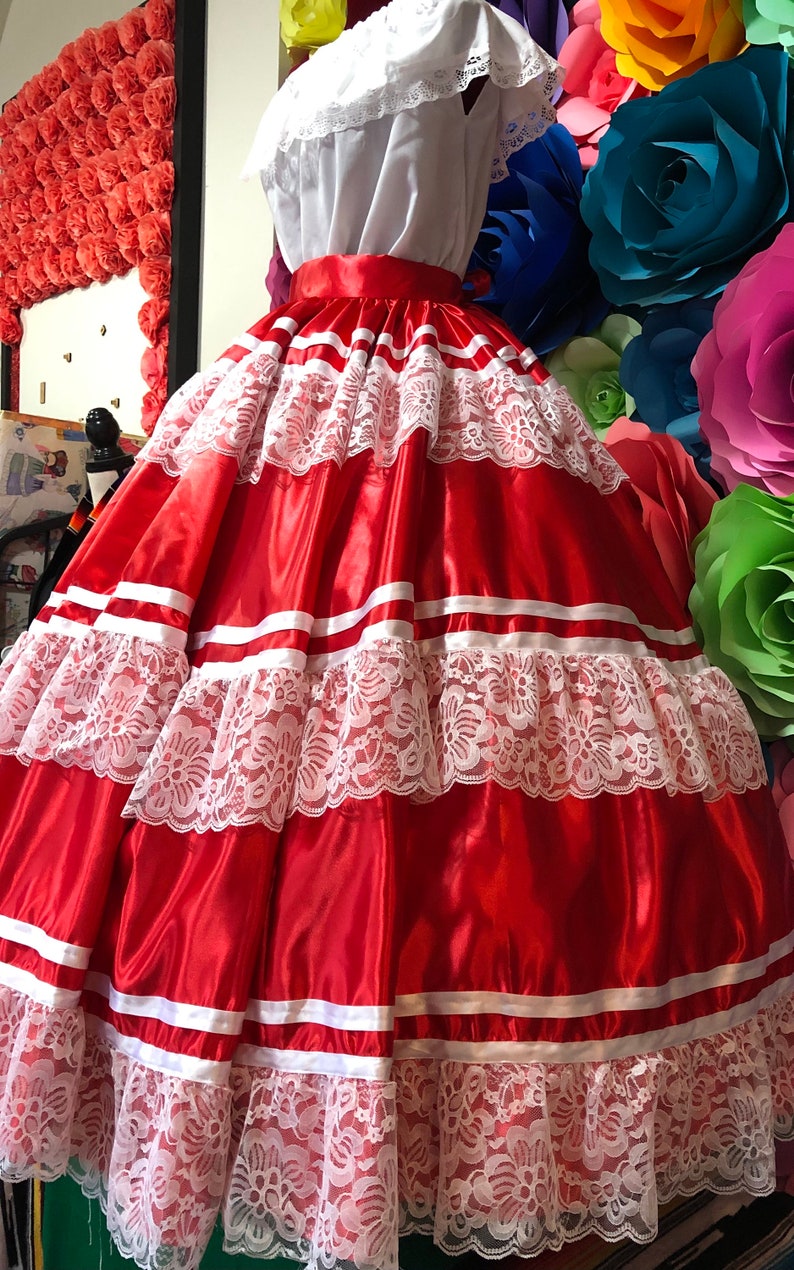 Oaxaca Mexican Skirt: Red Satin, Lace & Ribbon - Coco Theme Party - Etsy