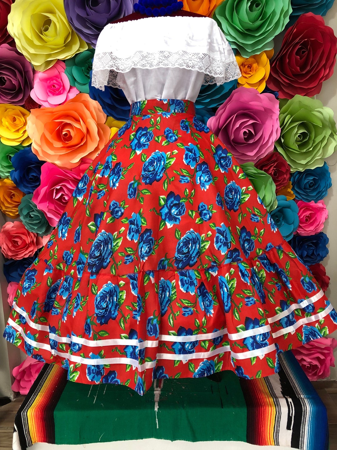 RED Flowered Set SKIRT and Blouse Mexican Practice Skirt 5 De Mayo Day ...
