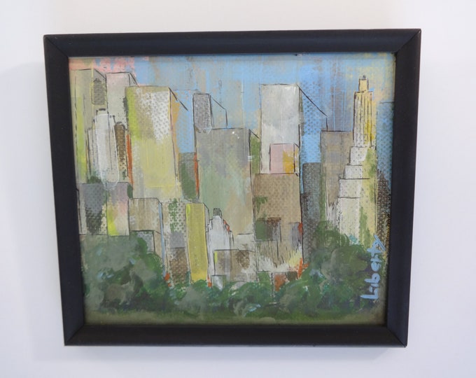 Original Framed Abstract City Art, Mixed Media Painting, Mixed Media ...