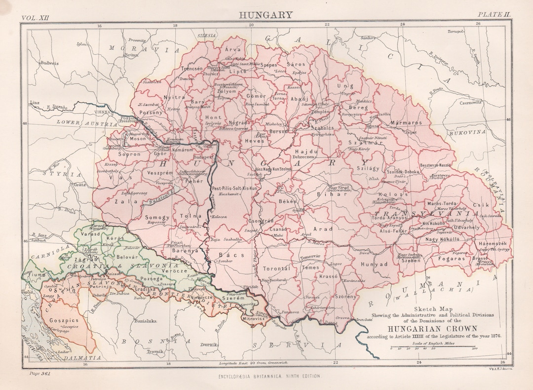 Hungary. Antique Late 19th Century Map, Circa 1885. - Etsy