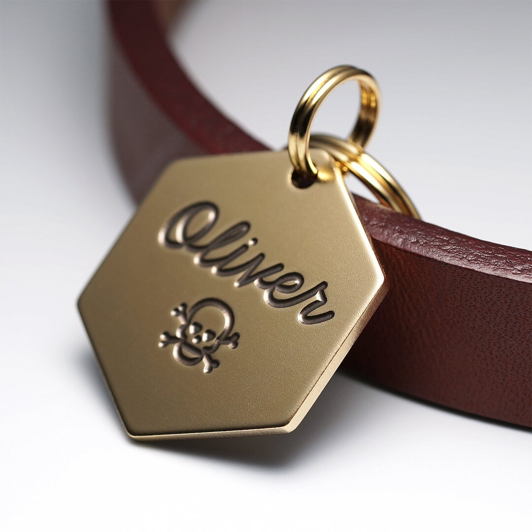 Dog Tag script Font Hexagon Dog Tag Brass Dog Tag Pet ID - Etsy