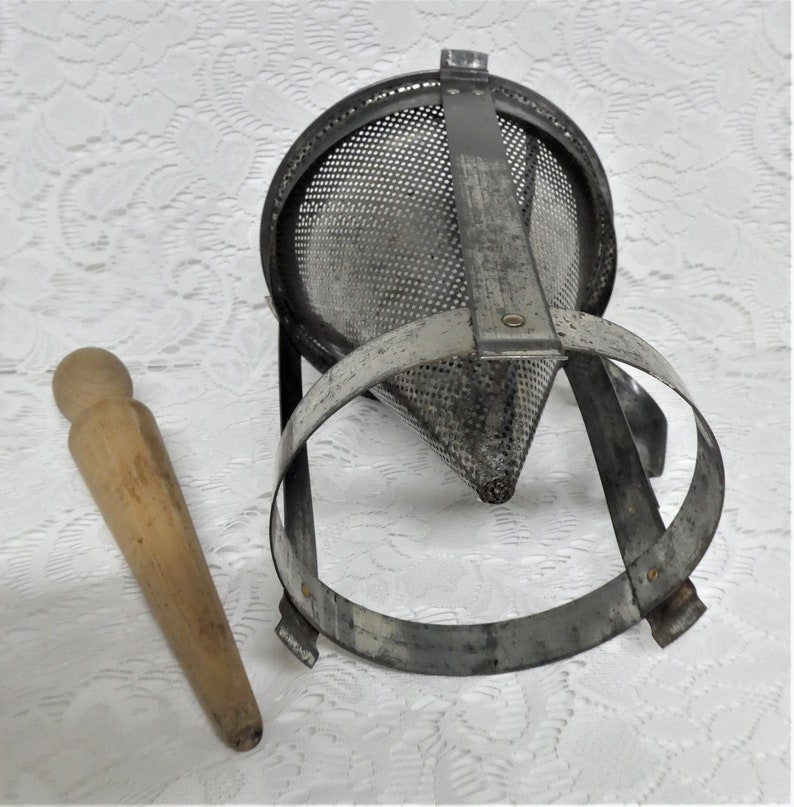 Vintage Metal Cone Sieve With Stand and Wooden Pestle/vtg Canning Sieve ...