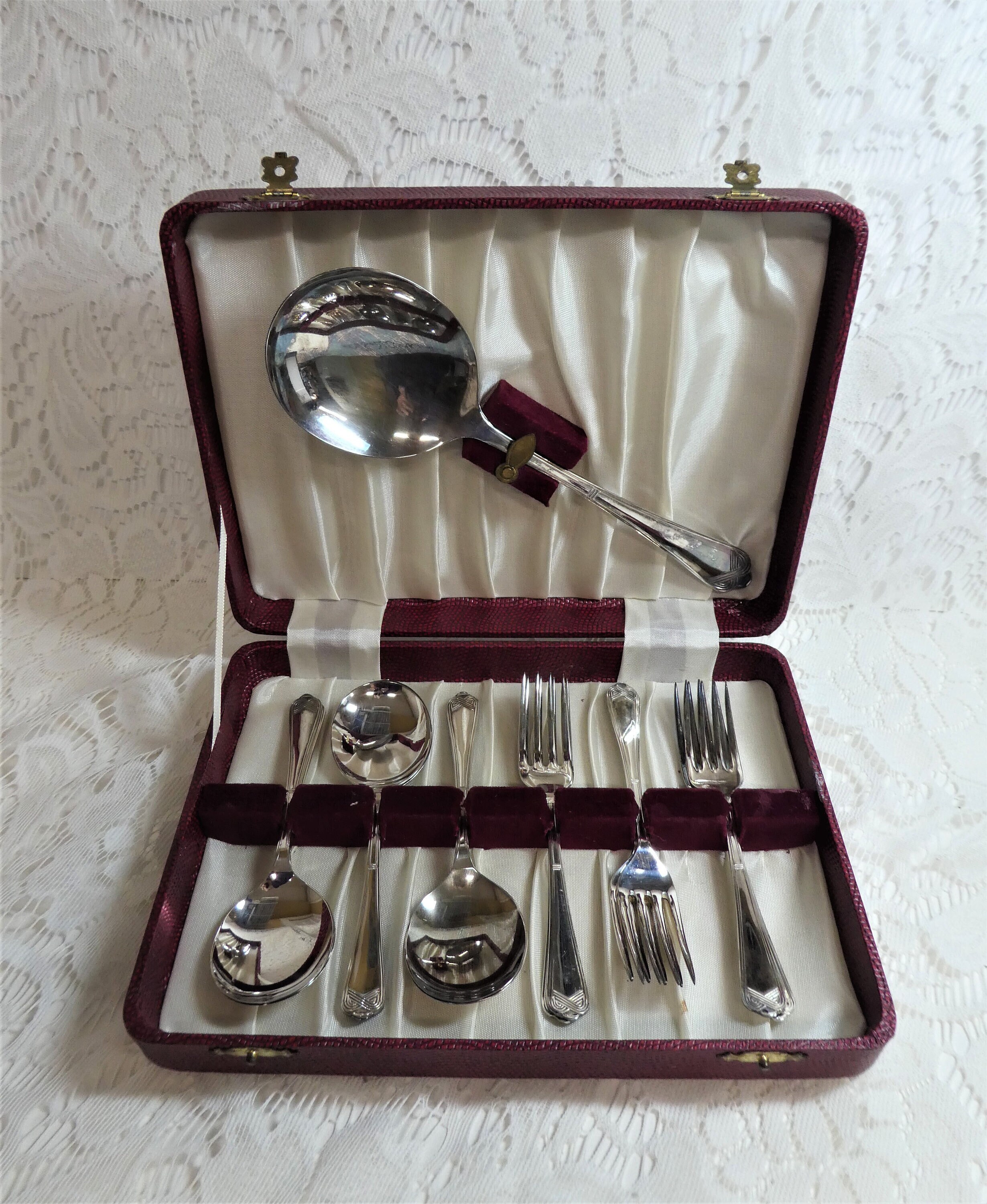 Vtg Boxed Set Silverplate EPNS Dessert Forks/spoons/serving Spoon/made ...