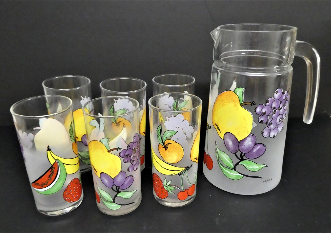 Vintage Frosted Fruit Pitcher Set/includes Pitcher and 6 Tall Glasses ...