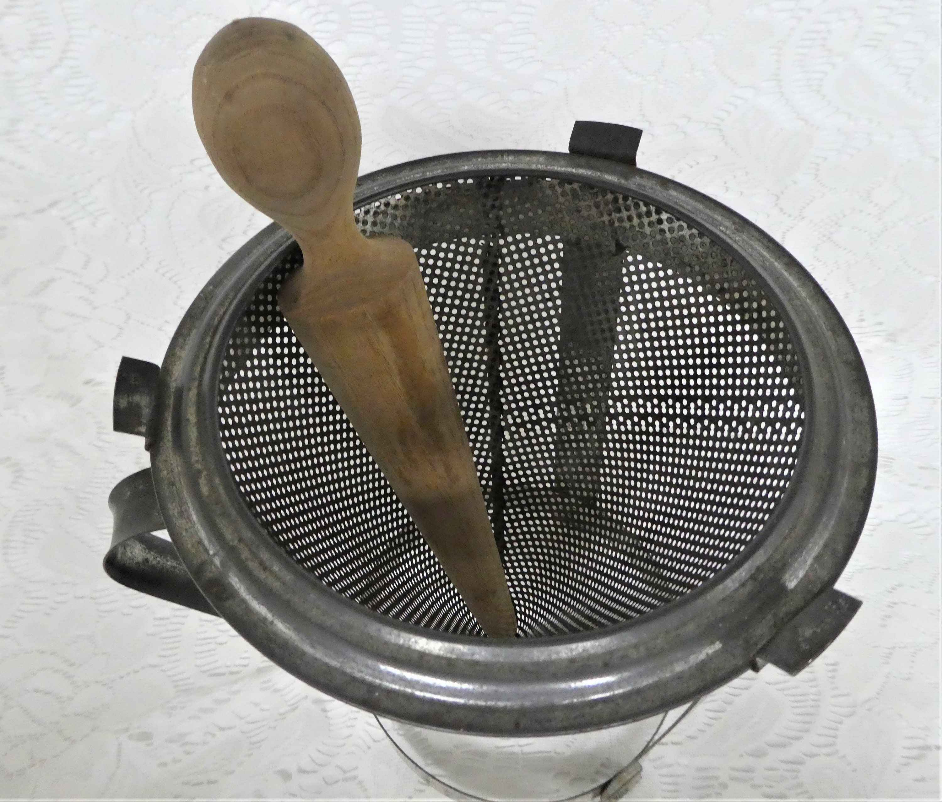 Vintage Metal Cone Sieve With Stand and Wooden Pestle/vtg Canning Sieve ...