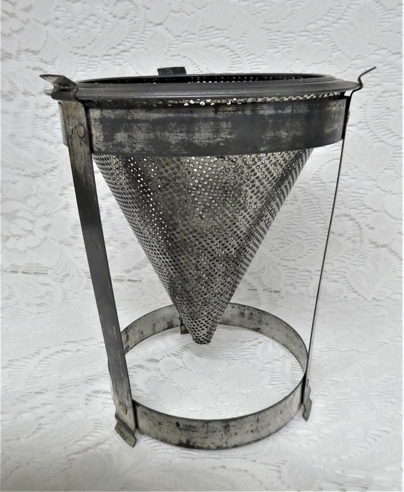 Vintage Metal Cone Sieve With Stand and Wooden Pestle/vtg Canning Sieve ...